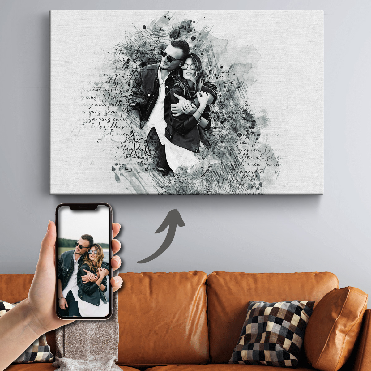 Tablou canvas alb-negru cu fundal caligrafic – personalizat cu poză ...