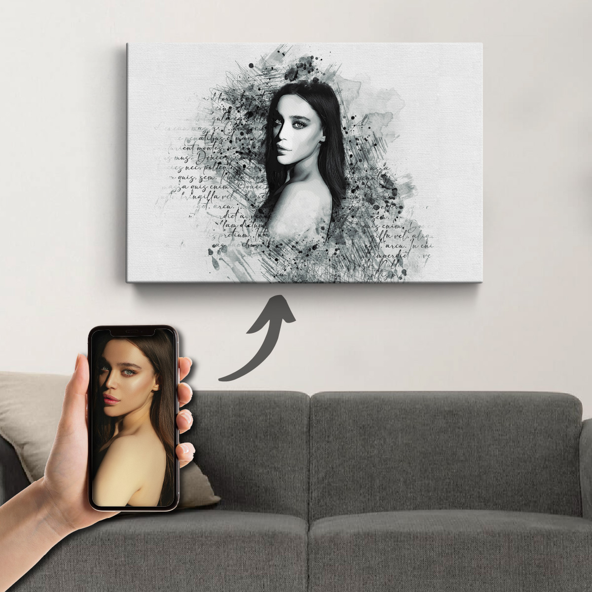 Tablou canvas alb-negru cu fundal caligrafic – personalizat cu poză ...